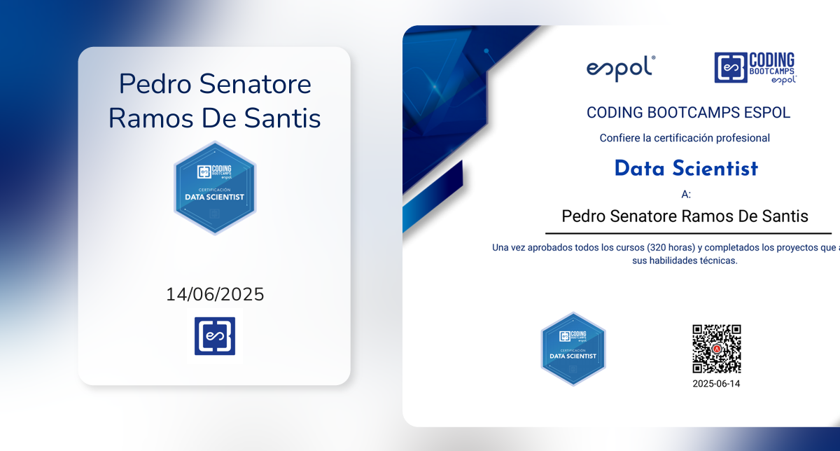 Data Scientist fue emitido por Coding Bootcamps Espol a Pedro Senatore Ramos De Santis.