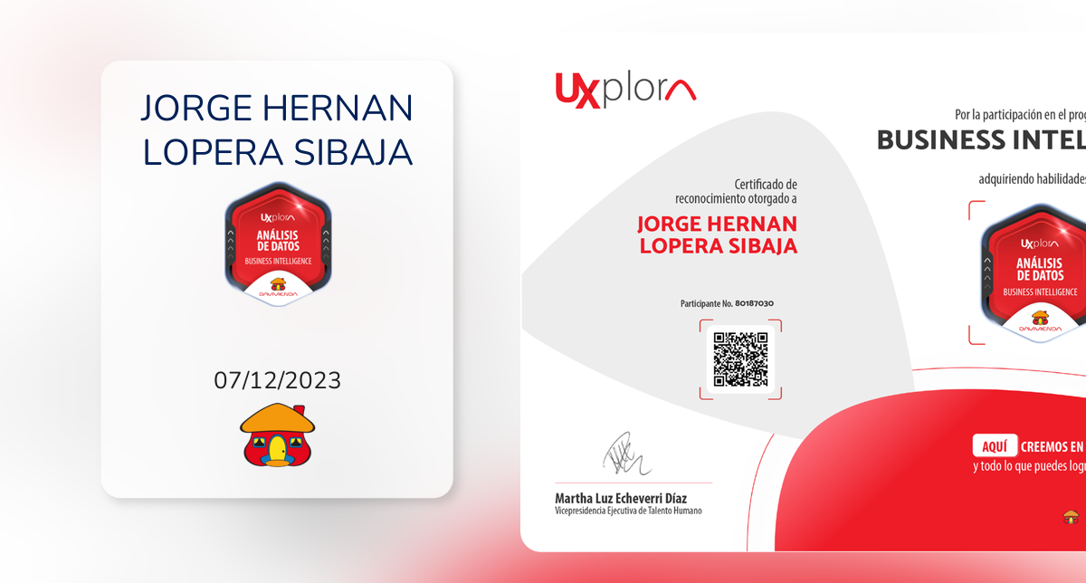 BUSINESS INTELLIGENCE fue emitido por Davivienda a JORGE HERNAN LOPERA ...