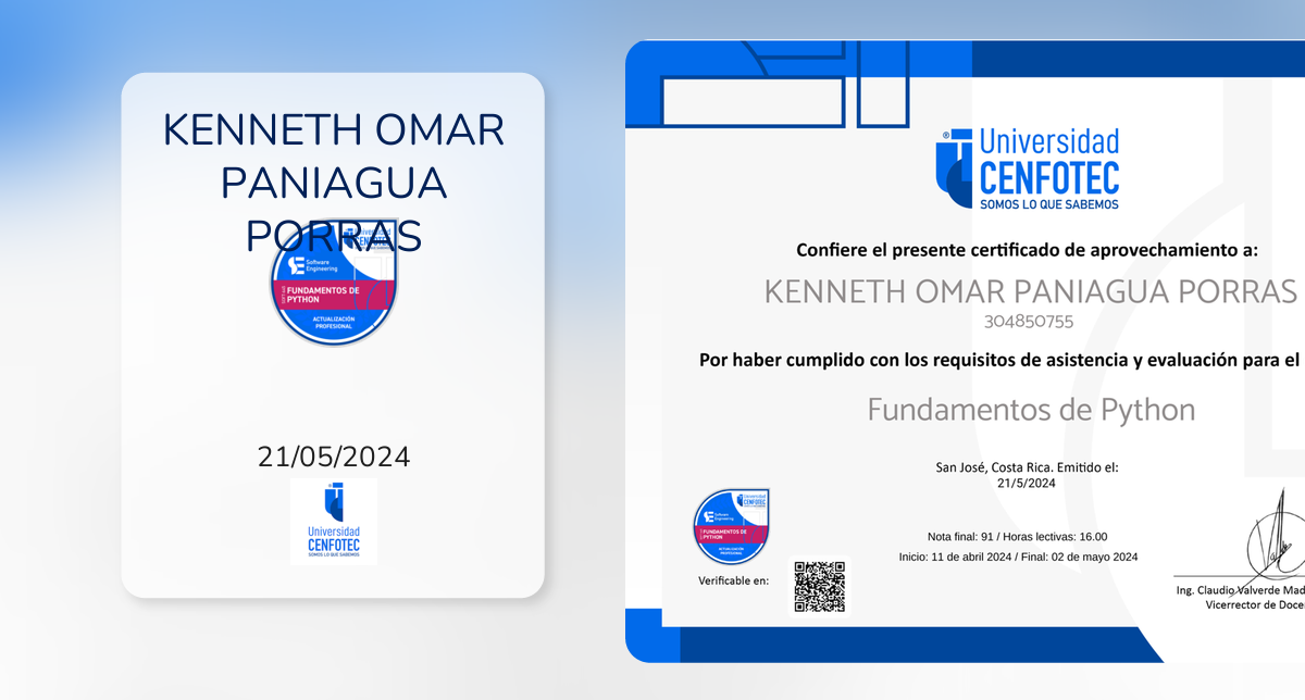Fundamentos de Python fue emitido por Universidad CENFOTEC a KENNETH ...