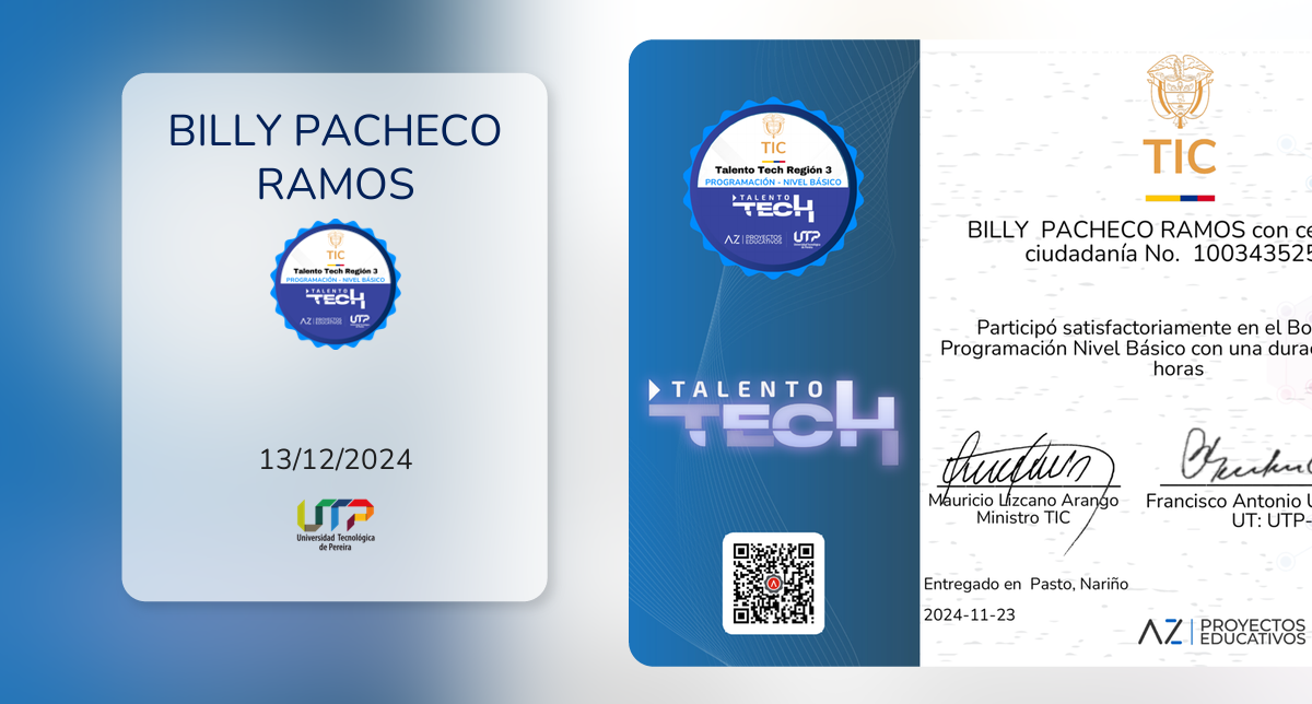 Bootcamp Programación Nivel Básico fue emitido por UTP-faceIT a BILLY ...