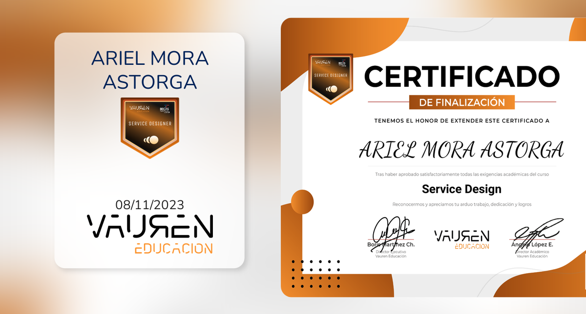 Service Design fue emitido por Vauren Educación a ARIEL MORA ASTORGA.