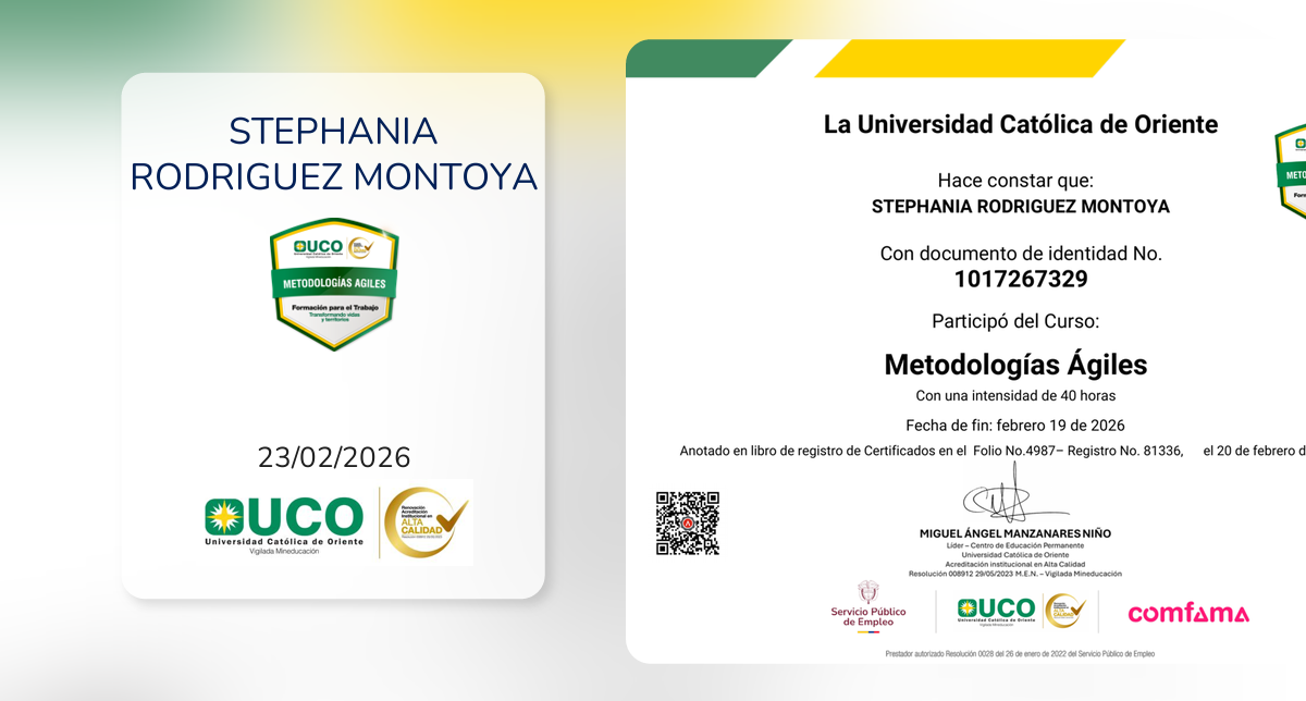 Metodologías Ágiles fue emitido por Universidad Católica de Oriente a ...