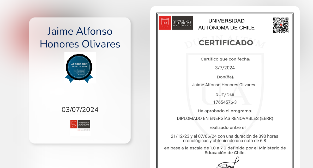 DIPLOMADO EN ENERGÍAS RENOVABLES (EERR) fue emitido por Universidad ...