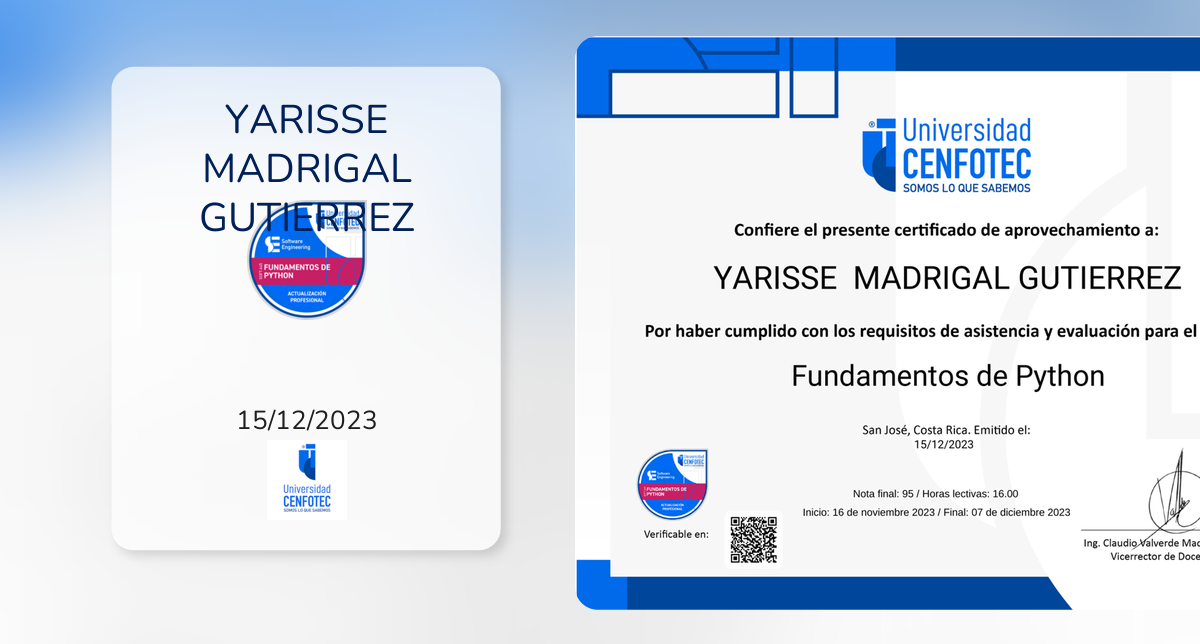 Fundamentos de Python fue emitido por Universidad CENFOTEC a YARISSE ...
