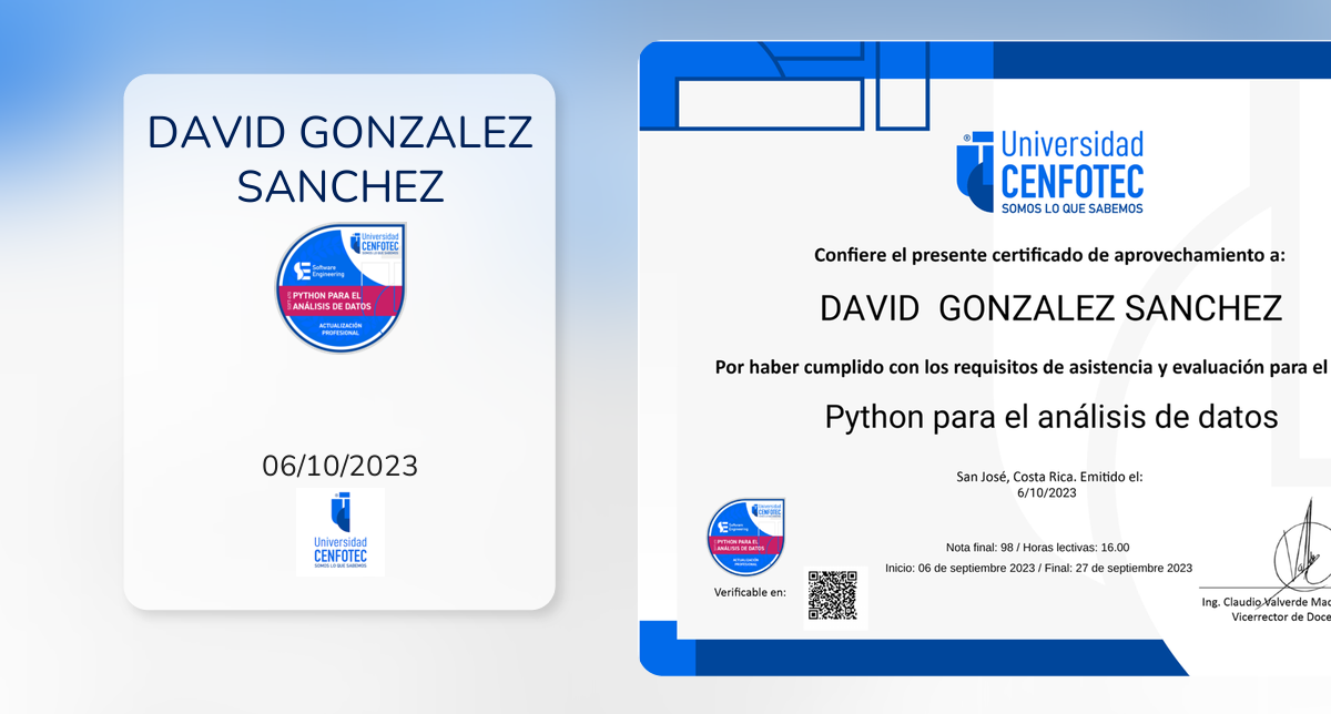 Python para el análisis de datos fue emitido por Universidad CENFOTEC a DAVID GONZALEZ SANCHEZ.