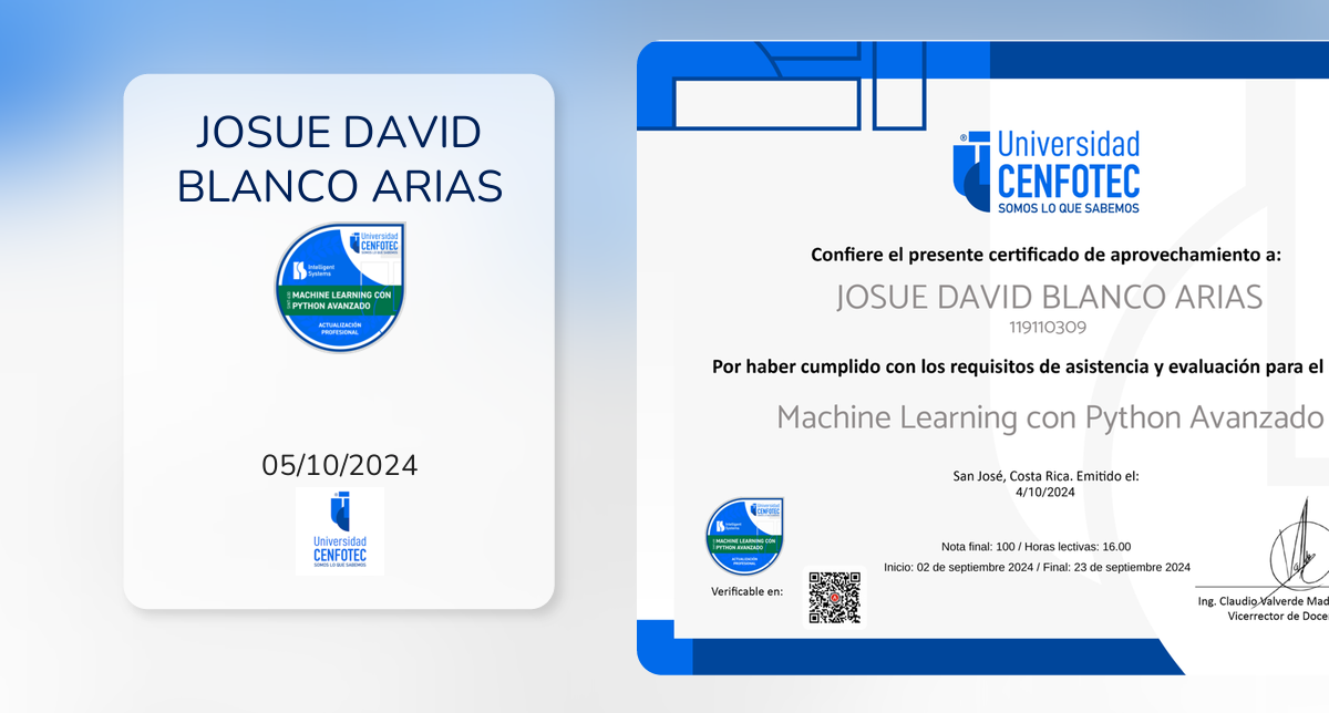 Machine Learning con Python Avanzado fue emitido por Universidad ...