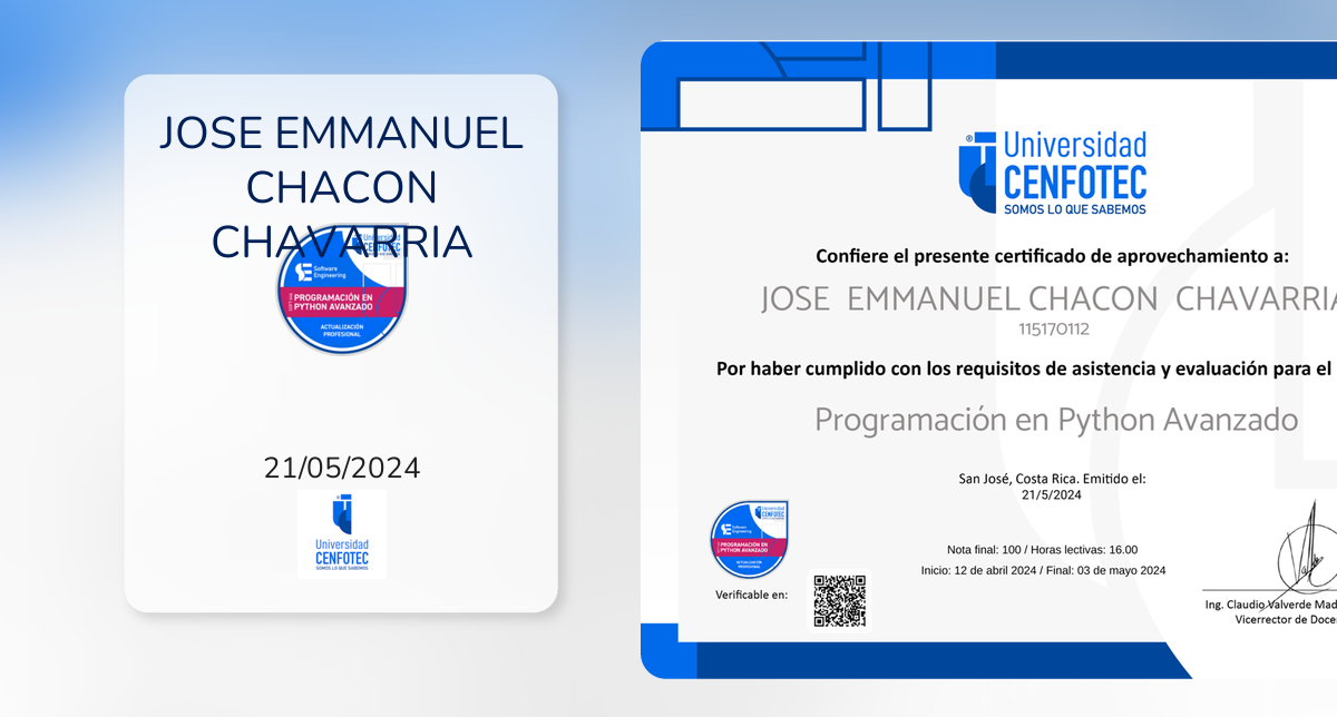 Programación en Python Avanzado fue emitido por Universidad CENFOTEC a ...