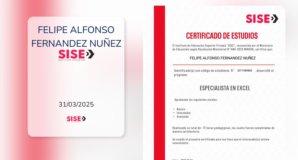 ESPECIALISTA EN EXCEL fue emitido por SISE a FELIPE ALFONSO FERNANDEZ ...