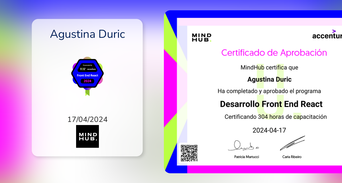 Desarrollo Front End React fue emitido por MindHub a Agustina Duric.