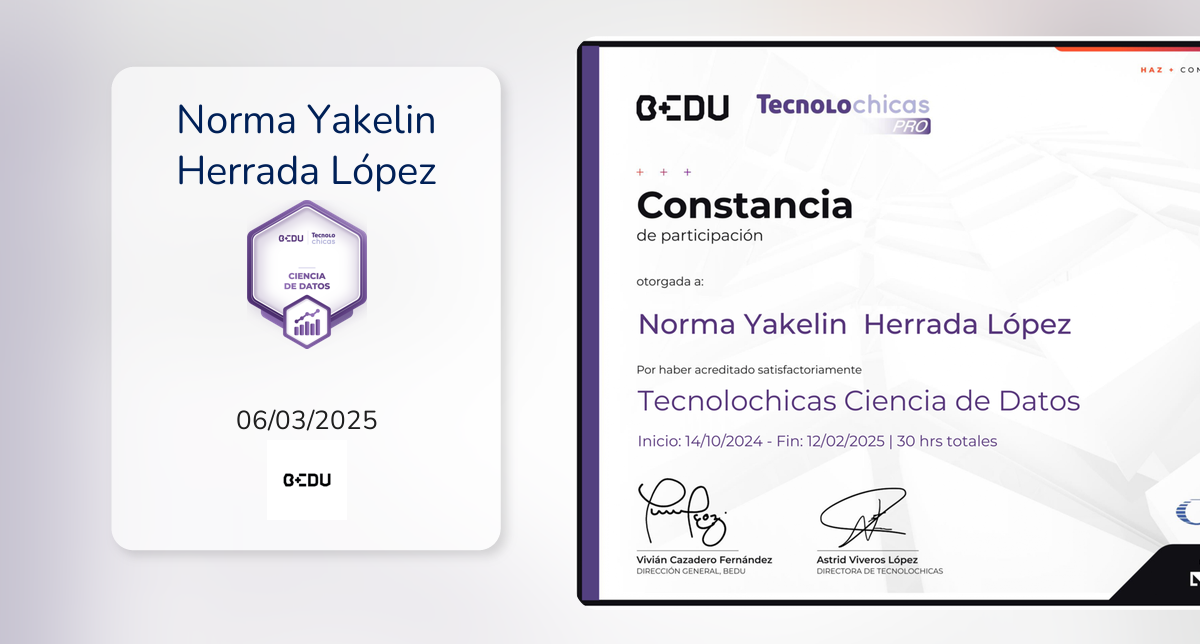 Tecnolochicas Ciencia de Datos fue emitido por BEDU a Norma Yakelin ...