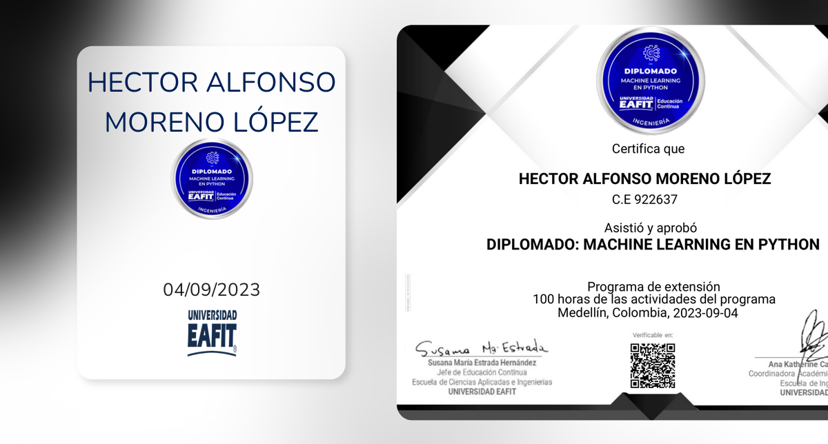 DIPLOMADO: MACHINE LEARNING EN PYTHON fue emitido por Universidad EAFIT ...